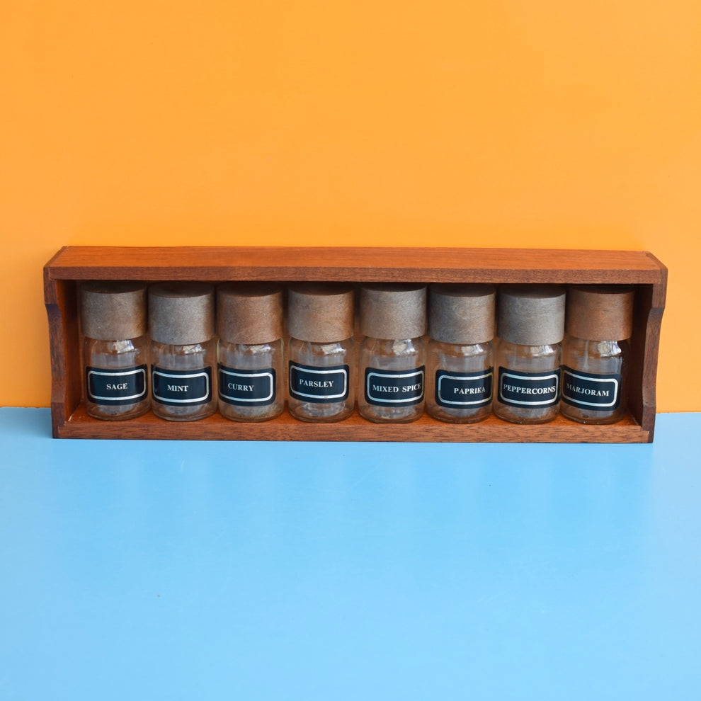 Vintage 1970s Teak Spice Rack With Glass Jars – Pineapple Retro