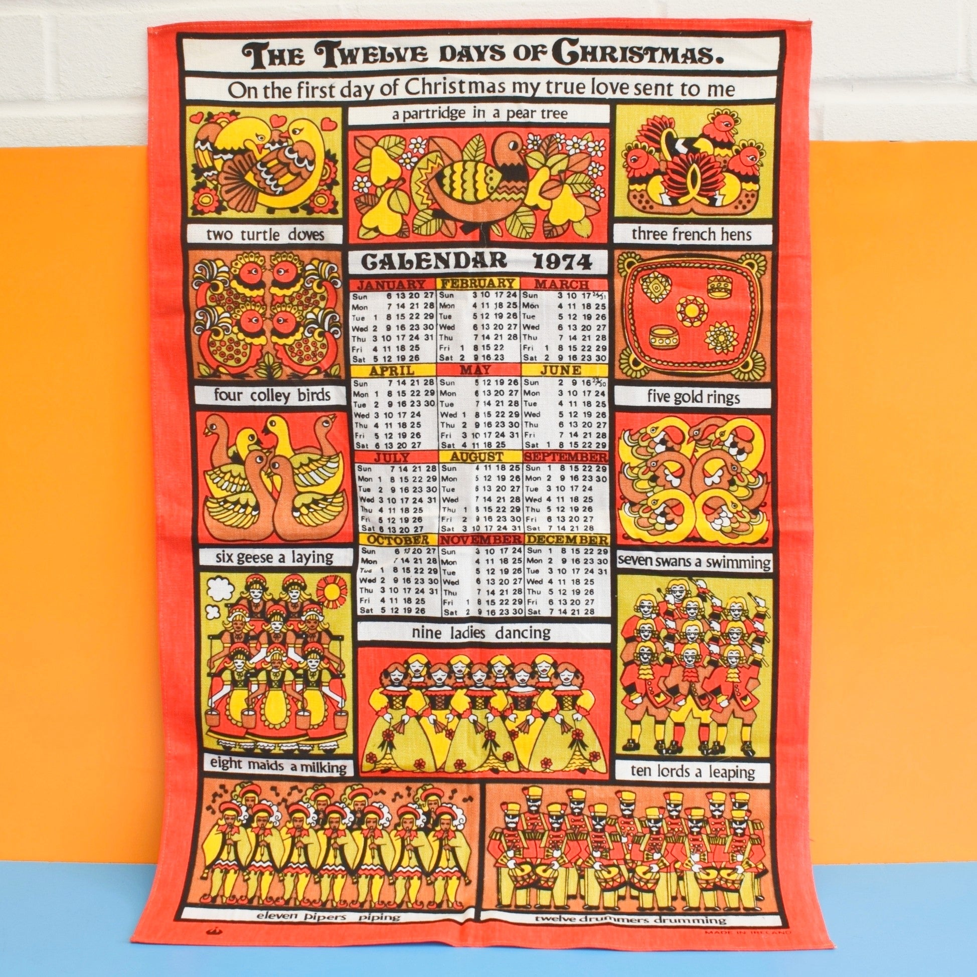 Vintage 1970s Calendar Tea Towel - The Twelve Days Of Christmas ...